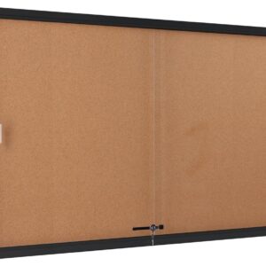 Enclosed Sliding Door Cork Bulletin Board, 5 x 3 Feet, Self-healing Corkboard Display Surface, 60" x 36" Notice Board for Wall Mount with Included Mounting Hardware, Black, Aluminum Frame