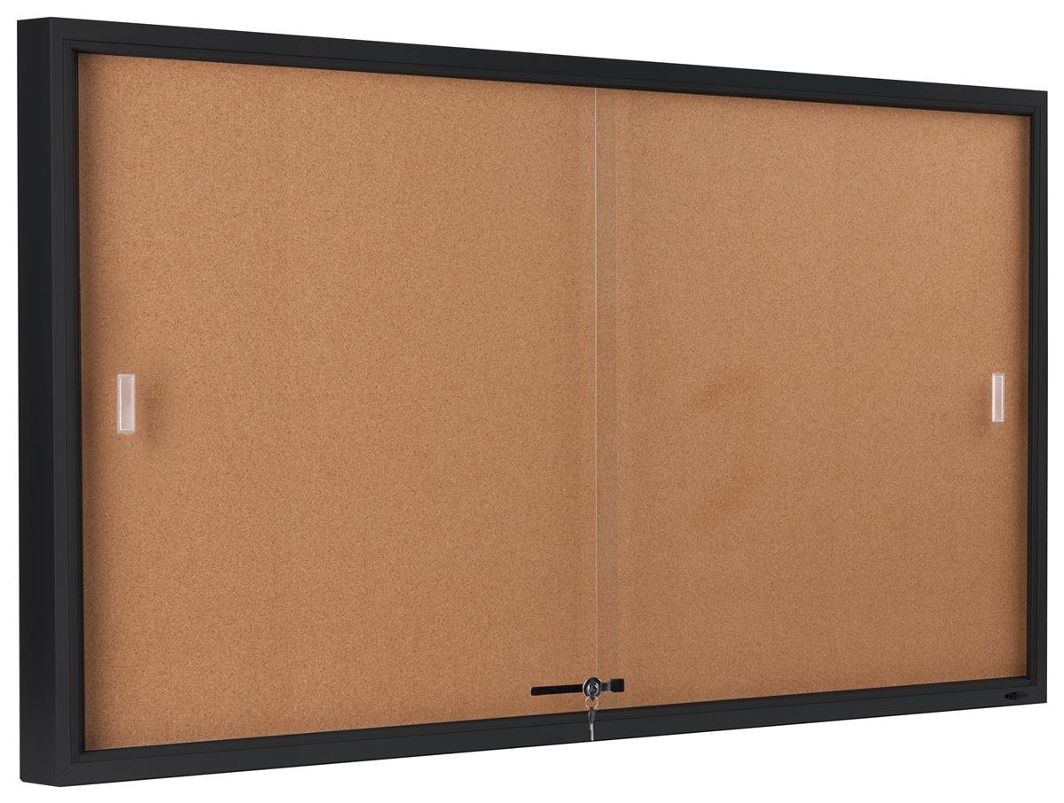 Enclosed Sliding Door Cork Bulletin Board, 5 x 3 Feet, Self-healing Corkboard Display Surface, 60" x 36" Notice Board for Wall Mount with Included Mounting Hardware, Black, Aluminum Frame