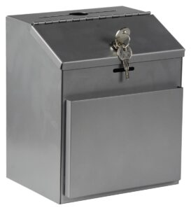 ballot box with locking hinged lid and side pocket for forms (not included), metal suggestion box for tabletop or wall mount use, silver