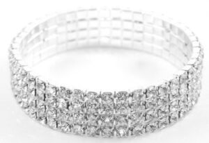 bsi wedding bridal 4-row rhinestone elecstic bracelet silver plated paw, clear crystal rhinestones ~ classic ~