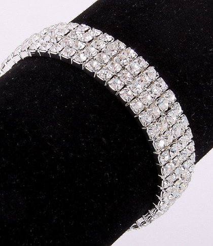 BSI Wedding Bridal 4-row Rhinestone Elecstic Bracelet Silver Plated Paw, Clear Crystal Rhinestones ~ Classic ~