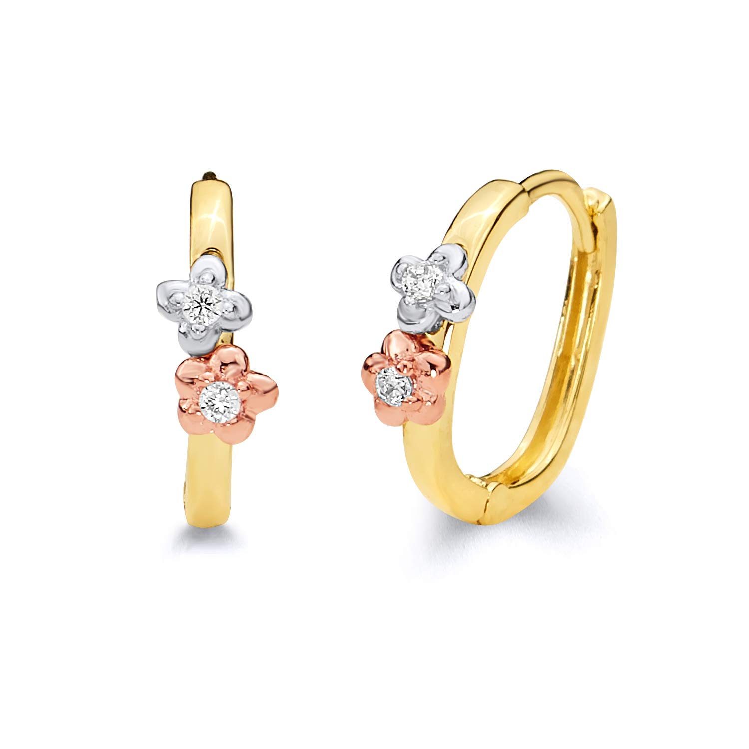 14k REAL Tri Color Gold 4mm Thickness Flower CZ Hoop Huggie Earrings (12 x 12 mm)