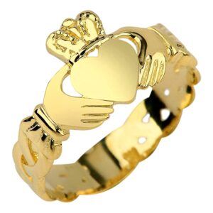 14k yellow gold unisex claddagh claddagh friendship, engagement, or wedding ring with trinity knot band - size 9-1/4