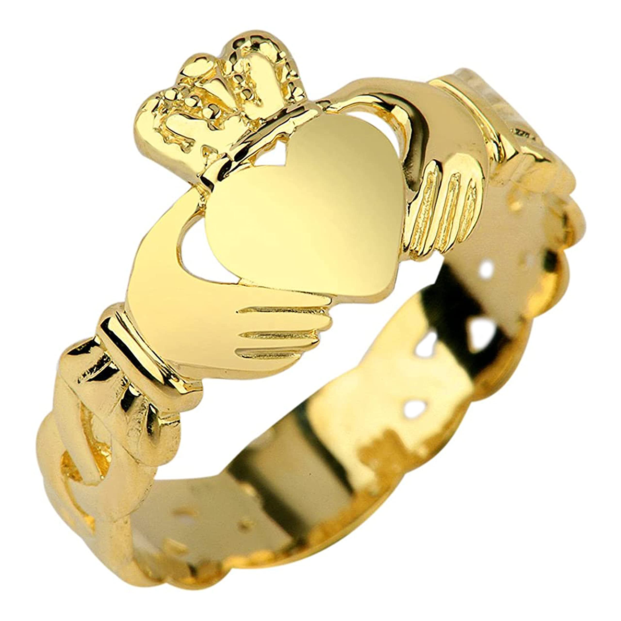 14K Yellow Gold Unisex Claddagh Claddagh Friendship, Engagement, or Wedding Ring with Trinity Knot Band - Size 9-1/4