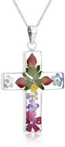 amazon essentials sterling silver pressed flower multi-colored cross pendant necklace, 18" (previously amazon collection)