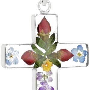 Amazon Essentials Sterling Silver Pressed Flower Multi-Colored Cross Pendant Necklace, 18" (previously Amazon Collection)