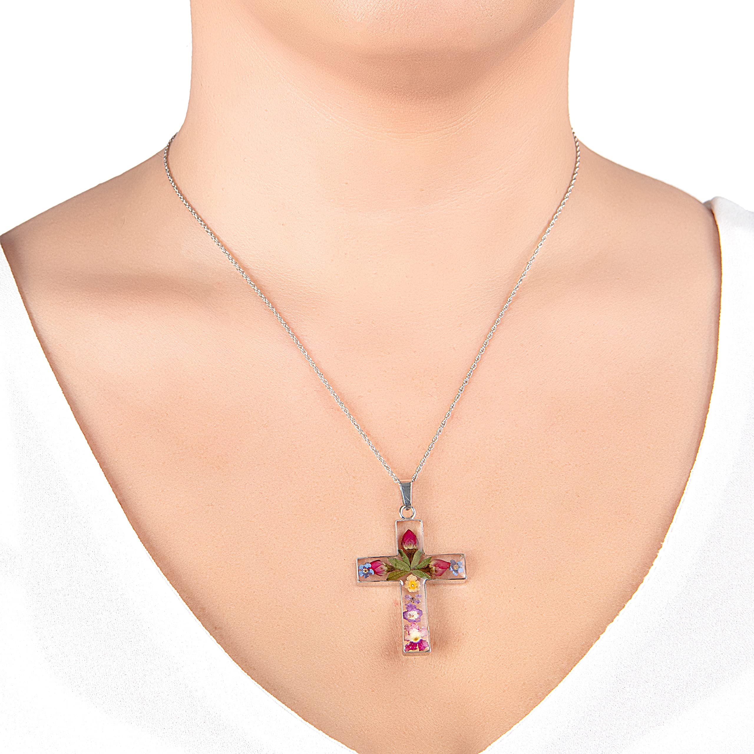 Amazon Essentials Sterling Silver Pressed Flower Multi-Colored Cross Pendant Necklace, 18" (previously Amazon Collection)