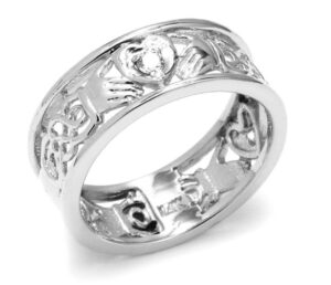 14k white gold diamond claddagh wedding ring with celtic knot band (5.5)