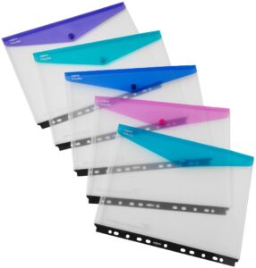 snopake 15694 polyfile a4 high capacity ring binder popper wallet landscape classic clear with electra assorted colour closures, pack of 5