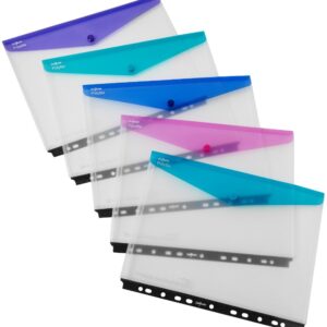 Snopake 15694 Polyfile A4 High Capacity Ring Binder Popper Wallet Landscape Classic Clear with Electra Assorted Colour Closures, Pack of 5