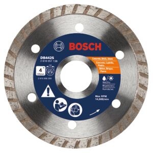 bosch db442s 4 in. standard turbo rim diamond blade with 5/8 in., 7/8 in. arbor for smooth cut wet/dry cutting applications in concrete, brick, stone, masonry