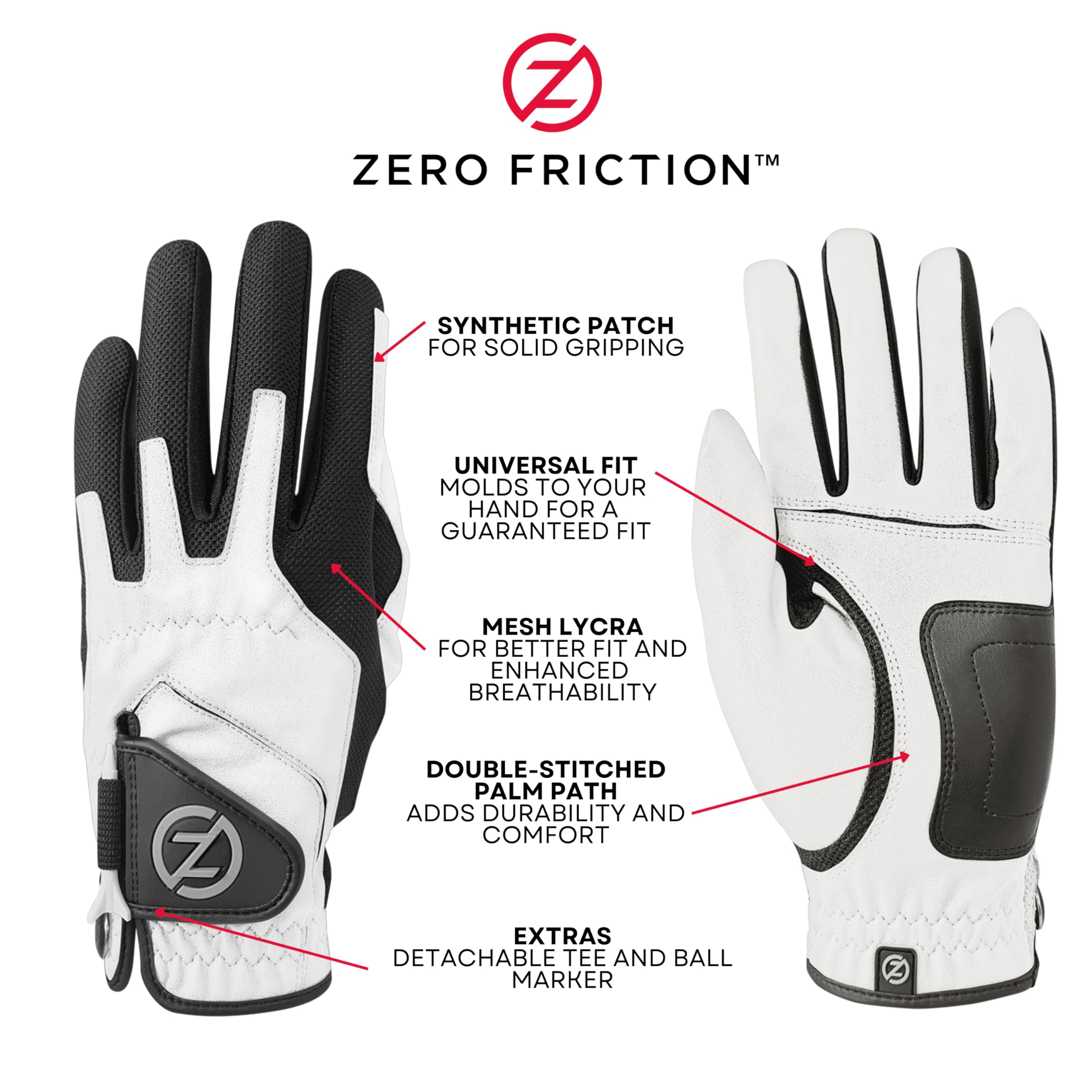 Zero Friction Men's Golf Glove, Left Hand, One Size, White