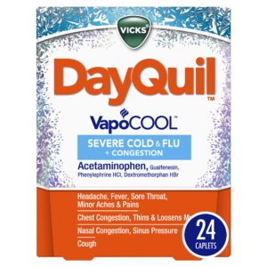 vicks dayquil vapocool severe cold & flu + congestion medicine, non-drowsy max strength 9-symptom relief for fever, sore throat, chest congestion, stuffy nose, nasal congestion, cough, 24 caplets