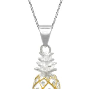 Honolulu Jewelry Company Sterling Silver with 14k Gold Plated Trim Pineapple Necklace Pendant with 18" Box Chain