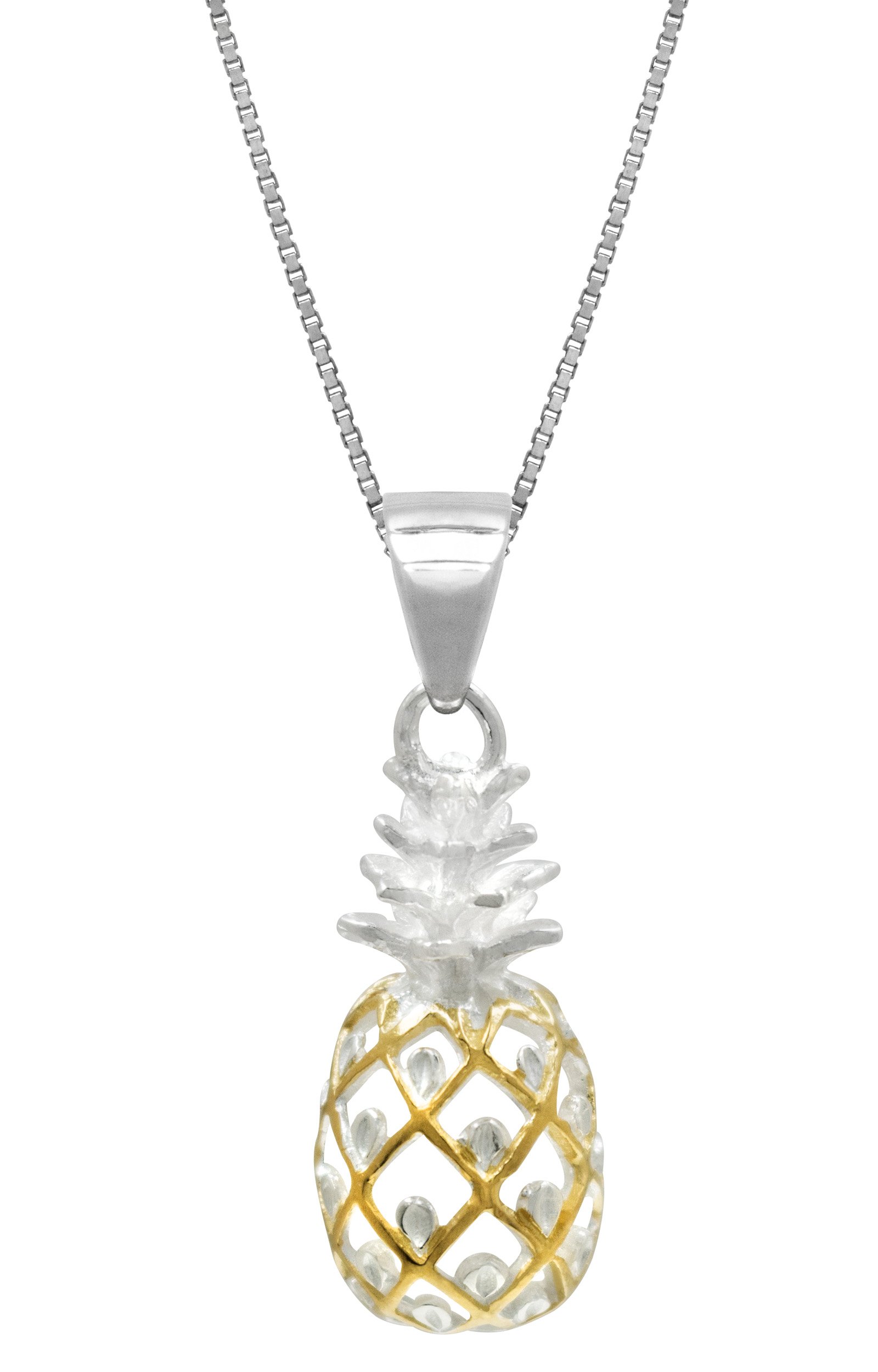 Honolulu Jewelry Company Sterling Silver with 14k Gold Plated Trim Pineapple Necklace Pendant with 18" Box Chain