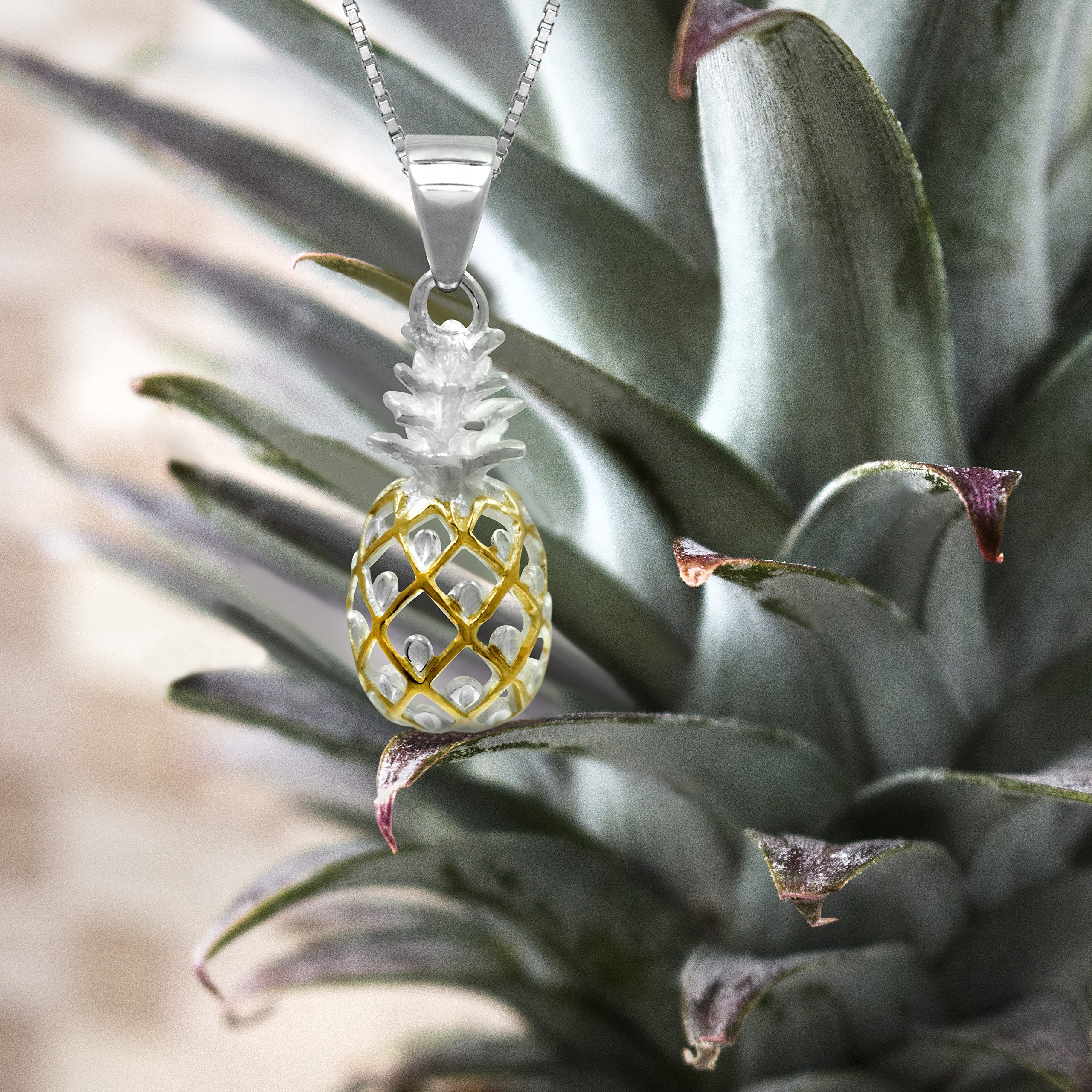 Honolulu Jewelry Company Sterling Silver with 14k Gold Plated Trim Pineapple Necklace Pendant with 18" Box Chain