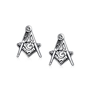 Tiny Square And Compass Masonic Freemason Stud Earrings For Women For Men Oxidized .925 Sterling Silver