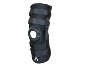 alps coolfit extended knee brace, prevent or reduce severity of knee injury, soft and breathable, pull on with adjustable hinges, small size