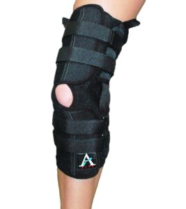 alps coolfit extended knee brace, prevent or reduce severity of knee injury, soft and breathable, wrap around with adjustable hinges, medium size