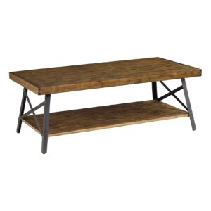 emerald home furnishings chandler rustic industrial solid wood and steel coffee table with open shelf, pine brown,48"