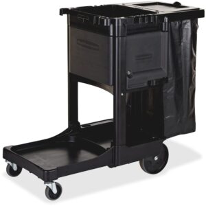 rubbermaid commercial products-1861430, executive series janitorial and housekeeping cleaning cart with locking cabinet, wheeled with zippered black vinyl bag, black , 38" x 21.8" x 46"