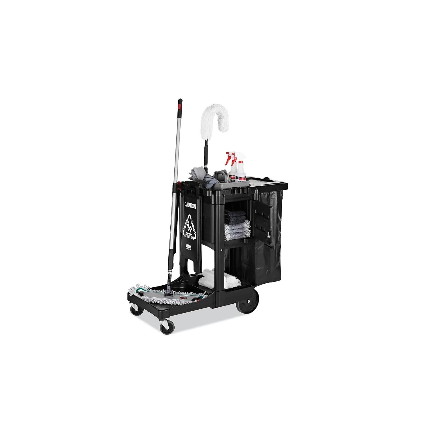 Rubbermaid Commercial Products-1861430, Executive Series Janitorial and Housekeeping Cleaning Cart with Locking Cabinet, Wheeled with Zippered Black Vinyl Bag, Black , 38" x 21.8" x 46"