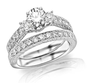 1.5 carat round cut three stone vintage with milgrain & filigree bridal set with wedding band & diamond engagement ring (f color, vs2 clarity)