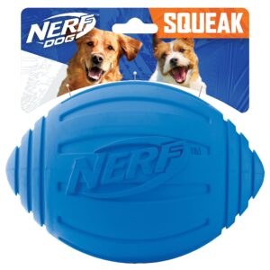 nerf dog ridged football dog toy with interactive squeaker, lightweight, durable and water resistant, 7 inch diameter for medium/large breeds, single unit, blue