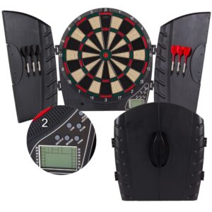 arachnid reactor electronic dartboard and cabinet with lcd display, cricket scoring displays, 8-player scoring,black