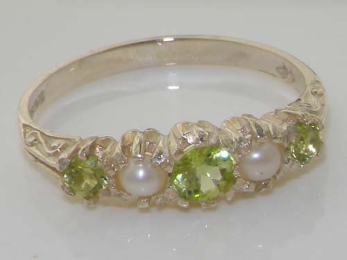 LetsBuyGold 925 Sterling Silver Natural Peridot and Cultured Pearl Womens Band Ring - Sizes 4 to 12 Available