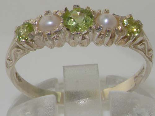 LetsBuyGold 925 Sterling Silver Natural Peridot and Cultured Pearl Womens Band Ring - Sizes 4 to 12 Available