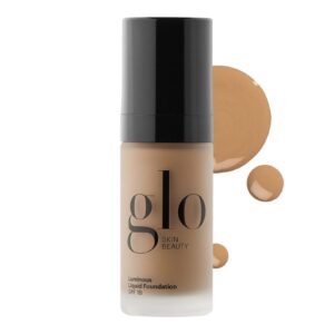 glo skin beauty luminous liquid mineral foundation makeup with spf 18 (brûlée) - improves uneven skin tone, smooths & corrects imperfections, sheer to medium coverage, dewy finish