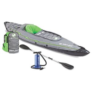 Sevylor QuickPak K5 24 Gauge PVC Polyester 1 Person Inflatable Kayak w/Hand Pump, Paddle, Double Lock Valves and Easy To Carry Backpack System, Gray