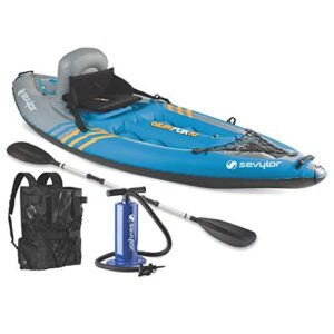 sevylor quickpak k1 1-person inflatable kayak, kayak folds into backpack with 5-minute setup, 21-gauge pvc construction; hand pump & paddle included