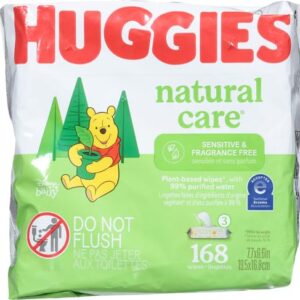 Sensitive Baby Wipes, Huggies Natural Care Baby Diaper Wipes, Unscented, Hypoallergenic, 99% Purified Water, 3 Flip-Top Packs (168 Wipes Total)