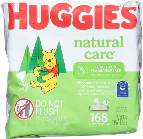 Sensitive Baby Wipes, Huggies Natural Care Baby Diaper Wipes, Unscented, Hypoallergenic, 99% Purified Water, 3 Flip-Top Packs (168 Wipes Total)