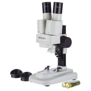 amscope-kids se100x portable binocular stereo microscope, wf5x and wf10x eyepieces, 10x and 20x magnification, 2x objective, tungsten light source, reversible black/white stage plate, battery-powered