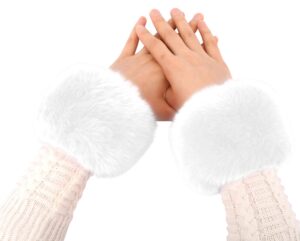 simplicity women's winter faux fur short wrist cuff warmers (white-1)