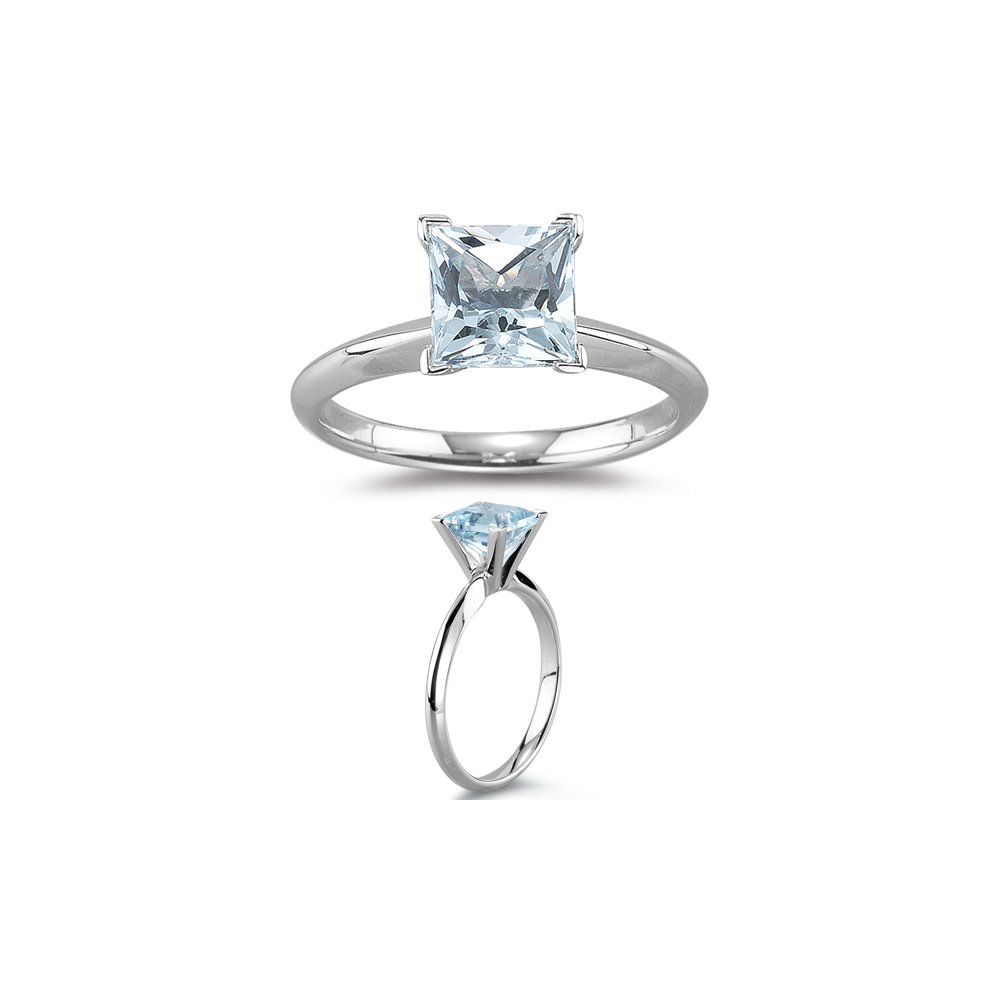 Vogati 1.60 Ct 7 mm AA Princess Aquamarine Solitaire Ring in 14K White Gold-7.5