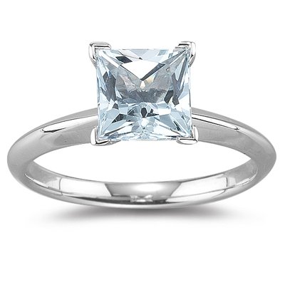 Vogati 1.60 Ct 7 mm AA Princess Aquamarine Solitaire Ring in 14K White Gold-7.5