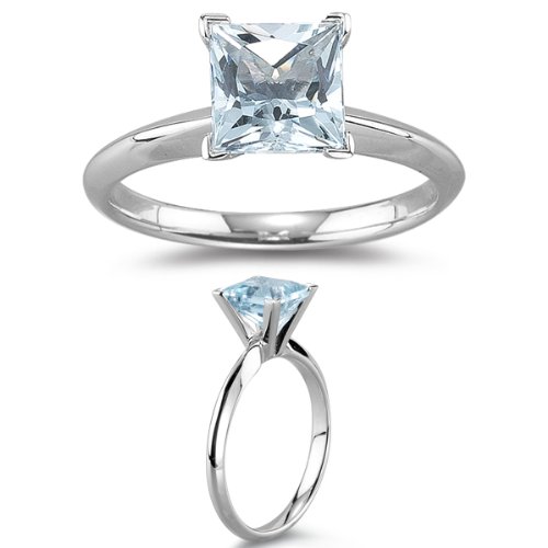 Vogati 1.60 Ct 7 mm AA Princess Aquamarine Solitaire Ring in 14K White Gold-7.5