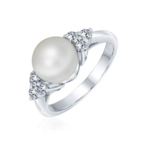 bling jewelry personalize bridal party cz side stones white solitaire freshwater cultured pearl engagement cocktail ring for women .925 sterling silver customizable