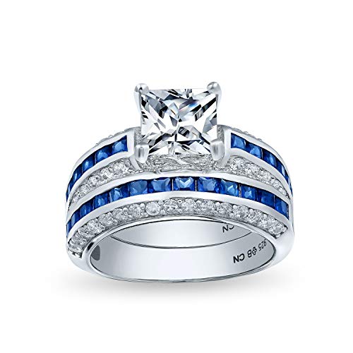 Personalize 3CT Art Deco Style Blue Square Princess Cut Solitaire Clear AAA CZ Engagement Anniversary Wedding Ring Set .925 Sterling Silver Customizable