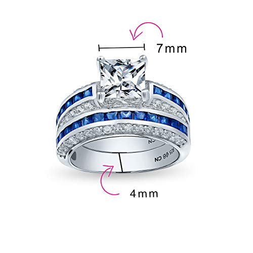 Personalize 3CT Art Deco Style Blue Square Princess Cut Solitaire Clear AAA CZ Engagement Anniversary Wedding Ring Set .925 Sterling Silver Customizable