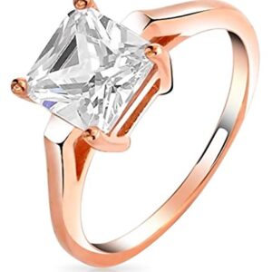 Simple Traditional 3CT Clear Cubic Zirconia Square Brilliant Princess Cut AAA CZ Solitaire Engagement Ring For Women Thin 1.5 MM Band Rose Gold Plated .925 Sterling Silver