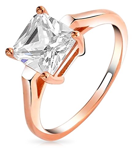 Simple Traditional 3CT Clear Cubic Zirconia Square Brilliant Princess Cut AAA CZ Solitaire Engagement Ring For Women Thin 1.5 MM Band Rose Gold Plated .925 Sterling Silver