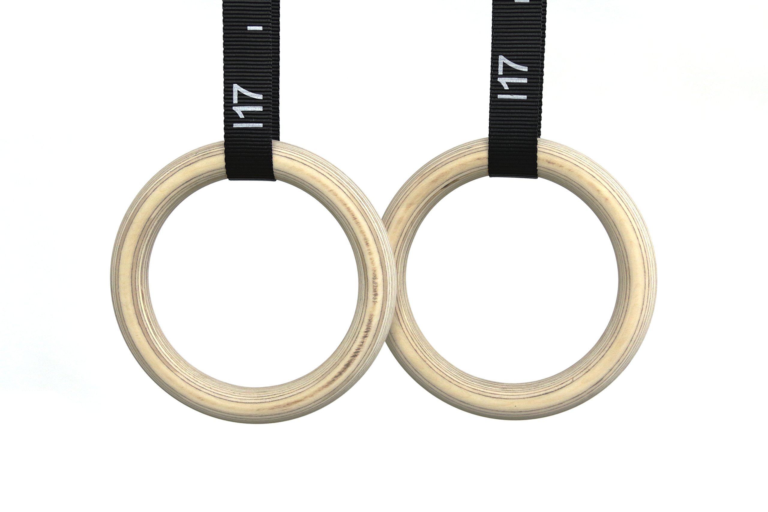 CFF Pit Bull Olympic Wood Gym Rings X-Wide 18' Numbered Straps - Extra Grip for Doing Muscle ups, dips, Push ups, Iron Cross...