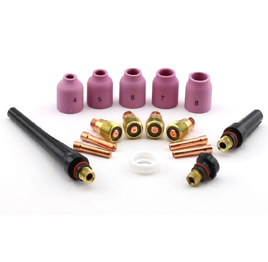 WeldingCity TIG Welding Accessory Kit Collet-Gas Lens-Ceramic Cup-Gasket-Back Cap .040"-1/16"-3/32"-1/8" for TIG Torch 9, 20 and 25 Series Lincoln Miller Hobart ESAB Weldcraft CK AHP (T32)