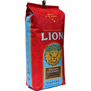 Lion Coffee Premium Gold Roast Whole Bean Coffee, 10% Kona Blend, Medium-Light Roast, A Taste of Aloha - 24 Ounce Bag