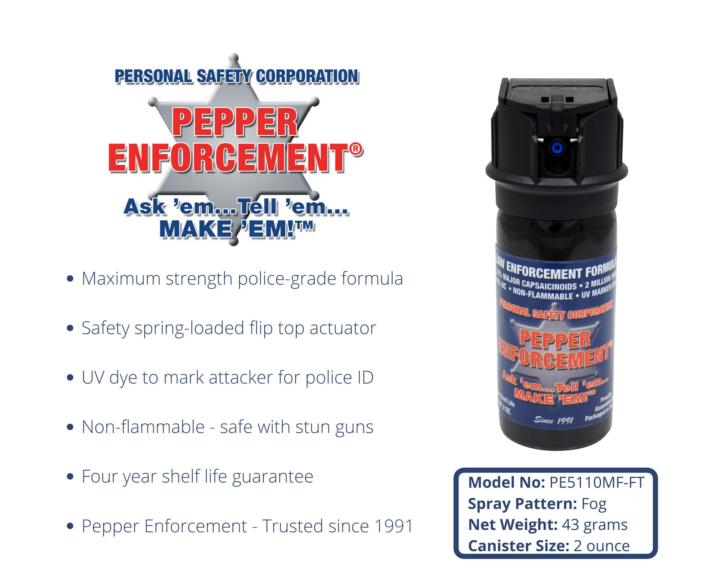 Pepper Enforcement 2 oz. Fogger Pepper Spray with Tactical Belt Loop Holster for Self Defense - Maximum Strength 10% OC Police Fog Formula, Flip Top Safety Tactical Design, Personal Protection Devices